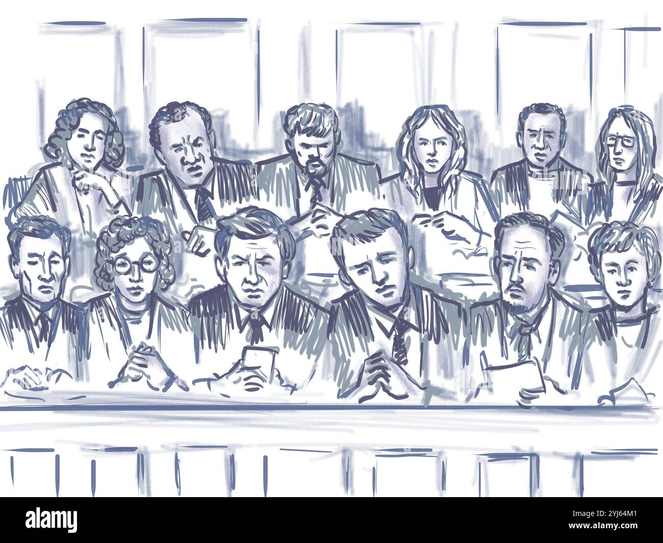 Pen and ink sketch illustration of a courtroom trial setting a jury of ...