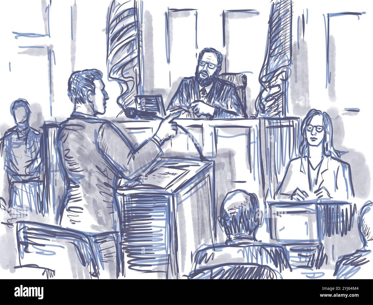 Pen and ink sketch illustration of courtroom trial with judge and ...
