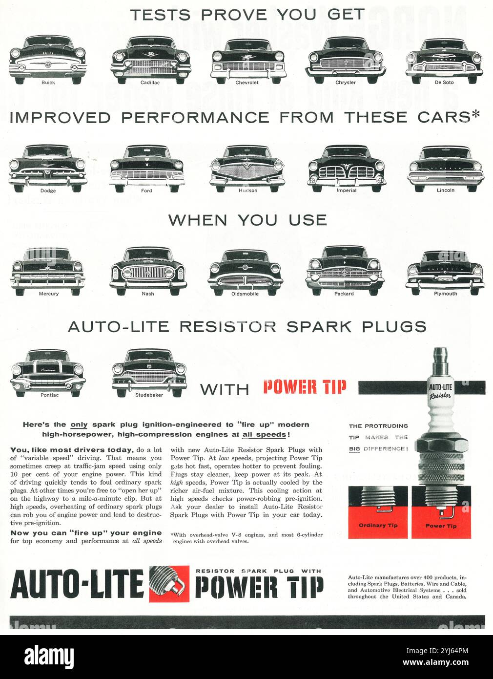 1956 Auto-Lite Resistor Spark Plug Ad Stock Photo - Alamy