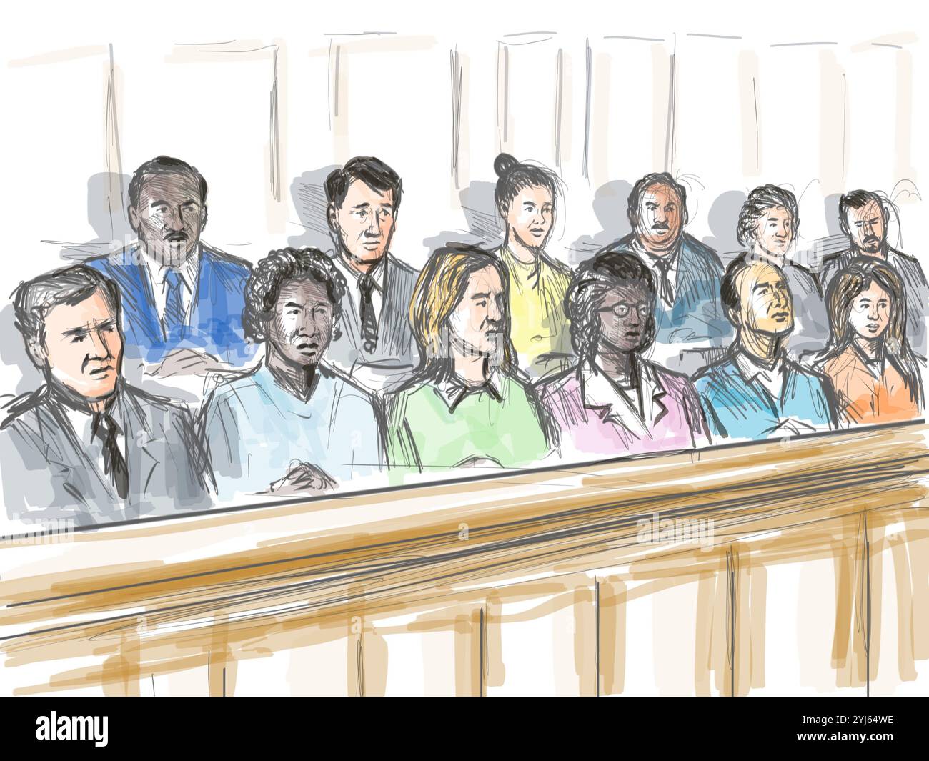 Pen and ink sketch illustration of a courtroom trial setting a jury of ...