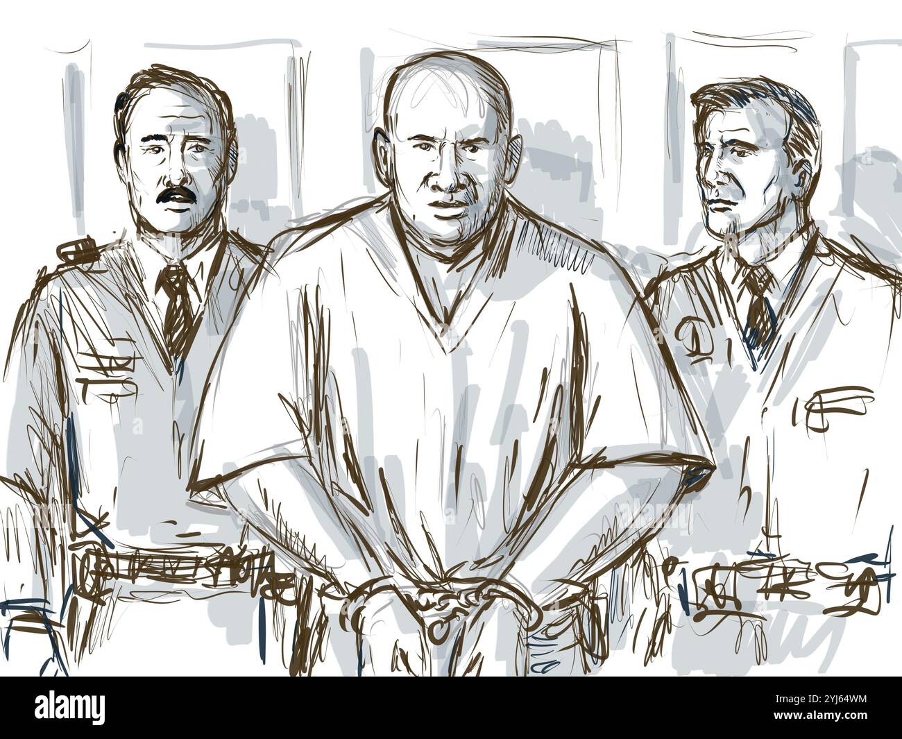 Pastel pencil pen and ink sketch illustration of an agitated defendant ...