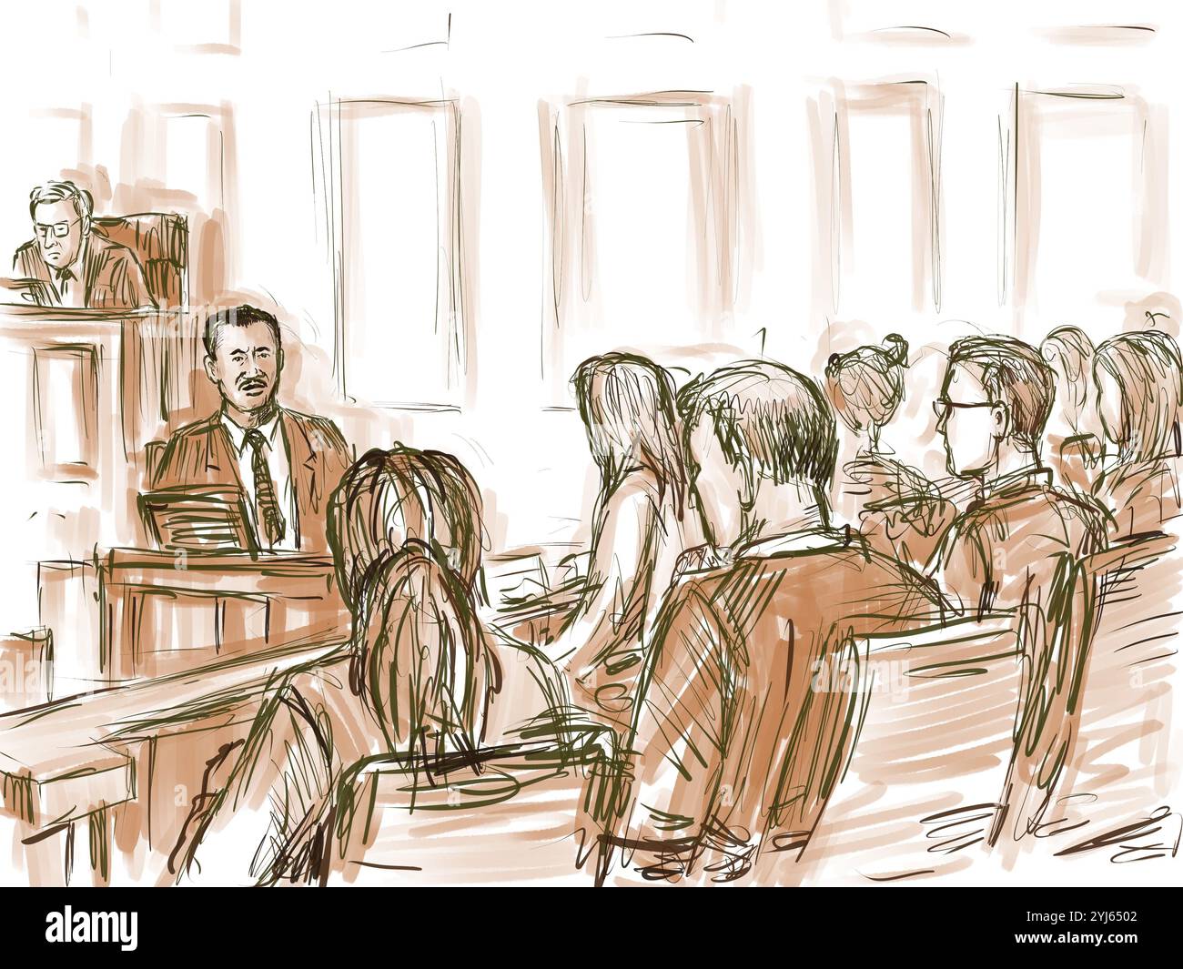 Pastel pencil pen and ink sketch illustration of a courtroom trial ...