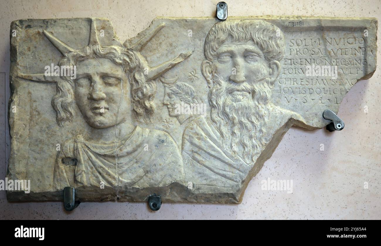 Sol invectus, moon and Jupiter Dolichenus. 2nd century AD. National ...