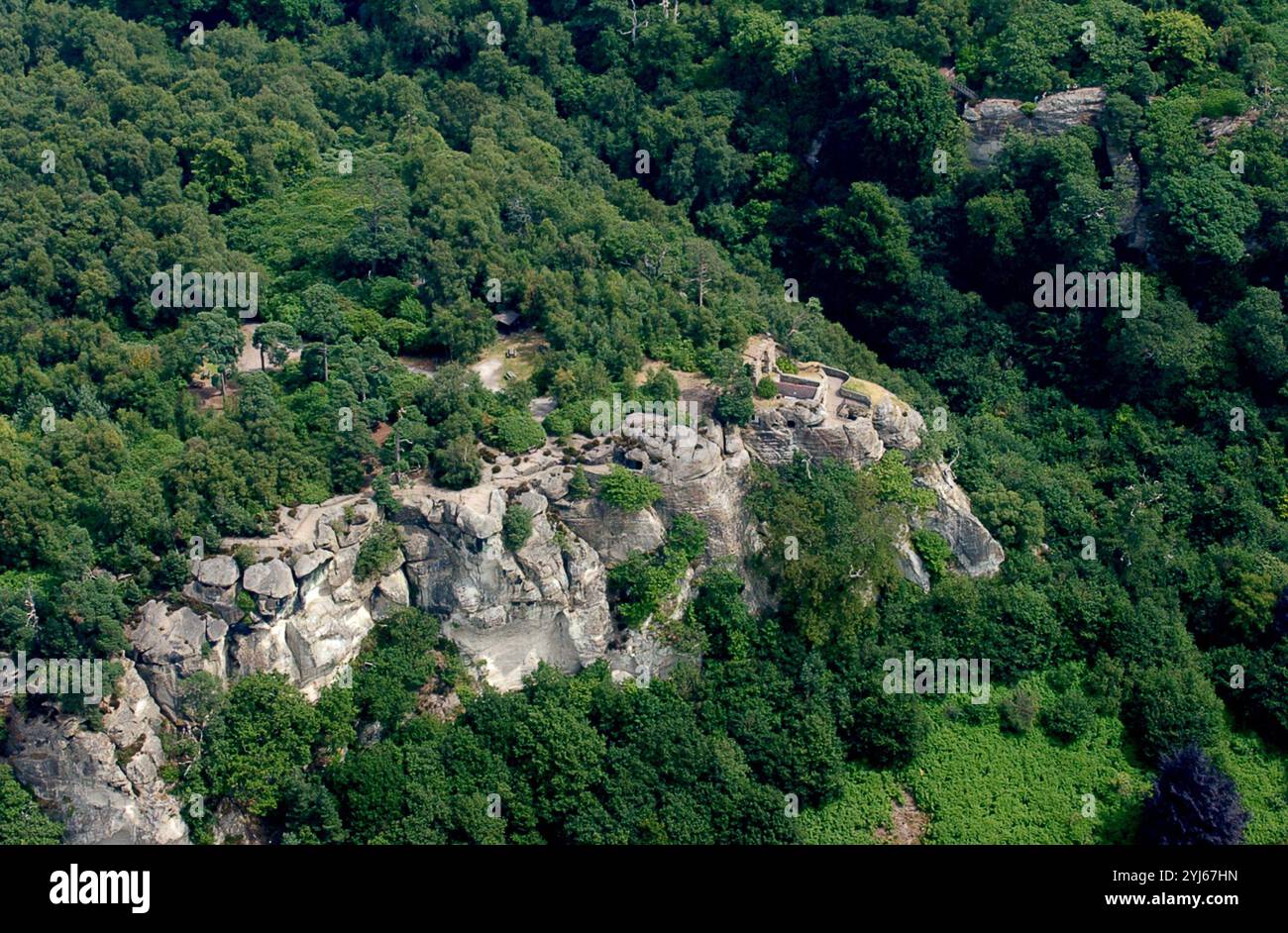 Aerial view of Hawkstone Park caves and follies in Shropshire Uk Stock ...