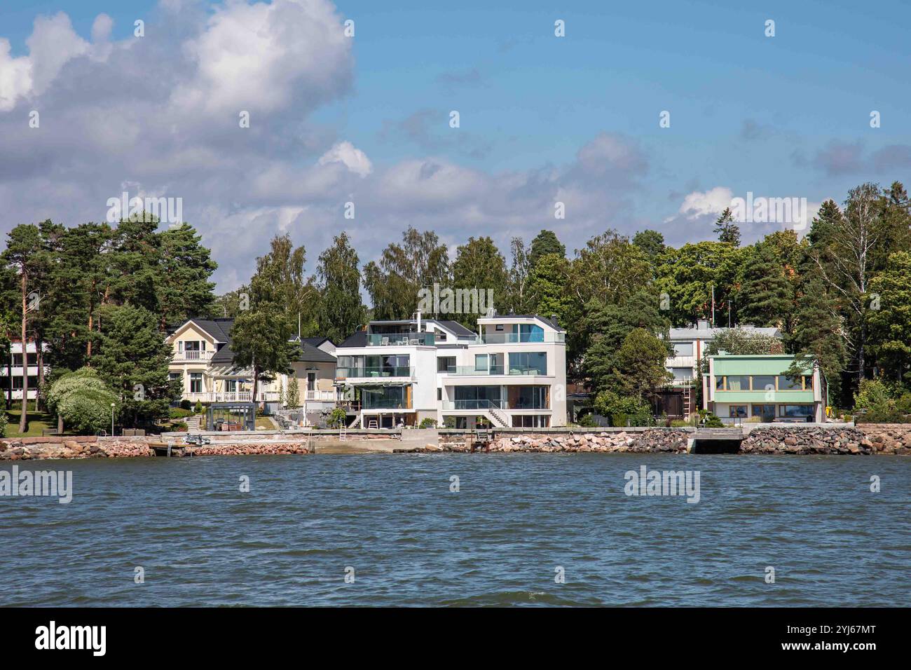 Kulosaari district residential waterfront buildings viewed from the sea ...