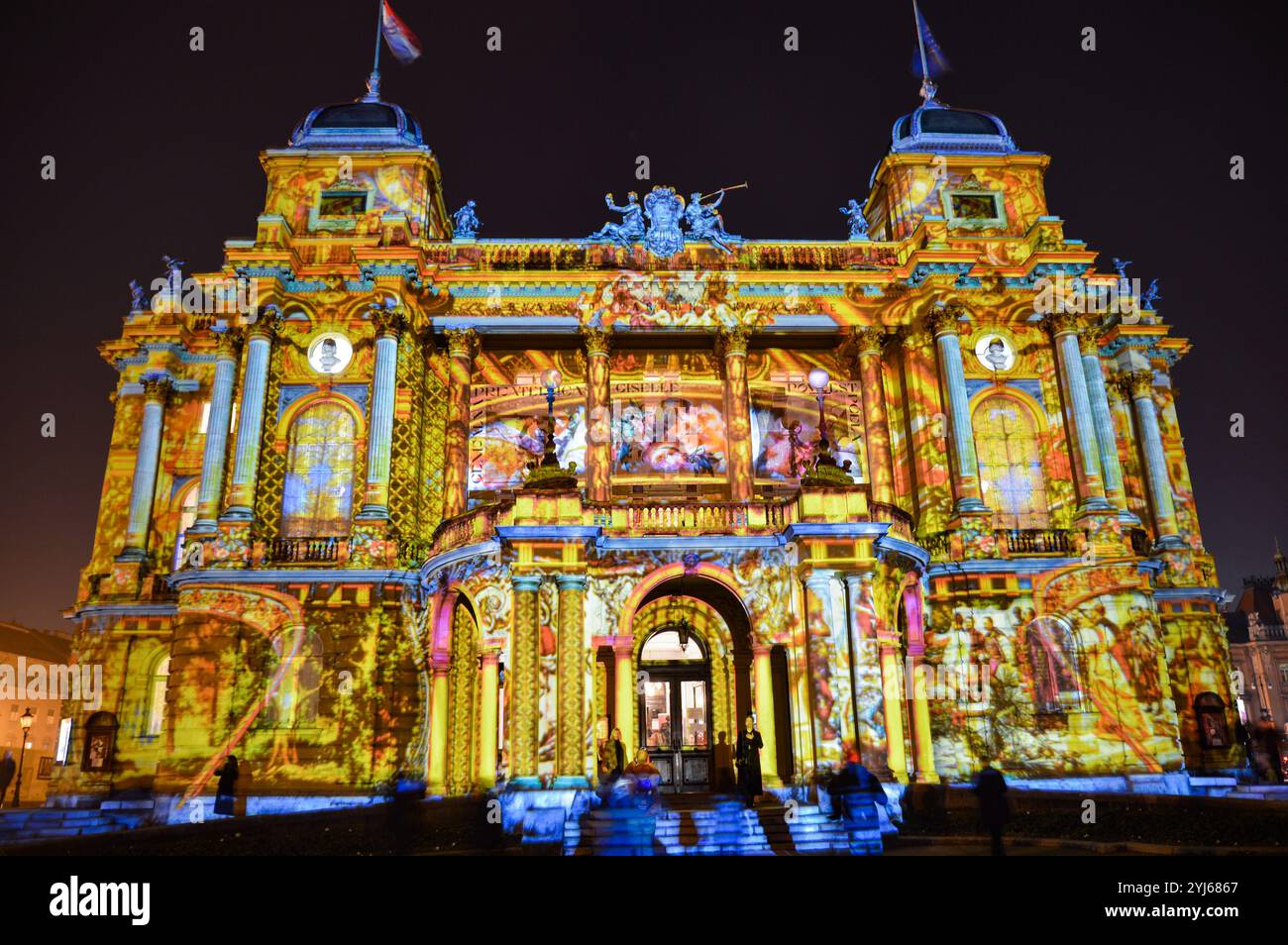 Croatian national theatre building illuminated with light installation ...