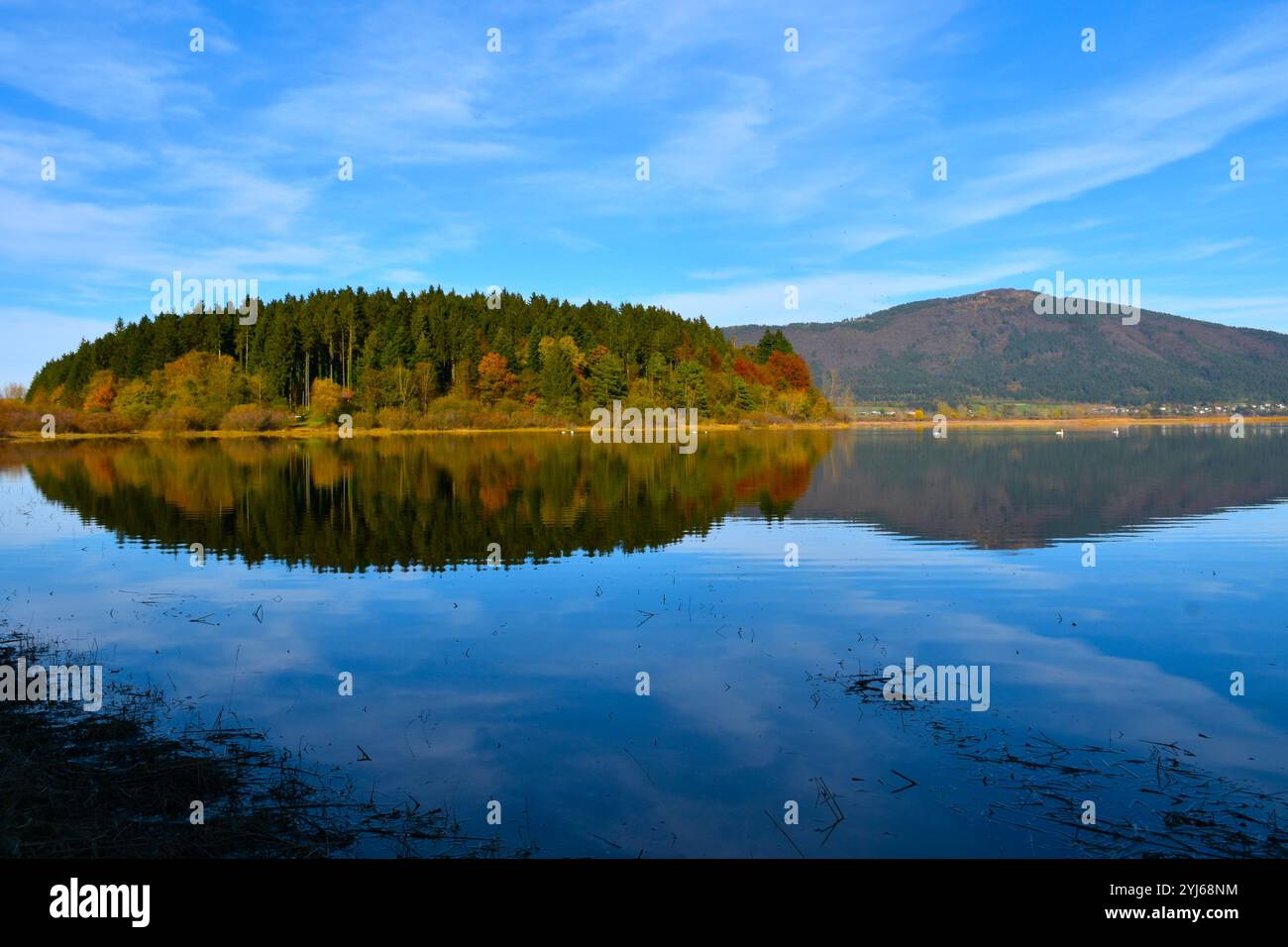 View of forest covered peninsula and Slivnica hill at Cerkniško jezero ...