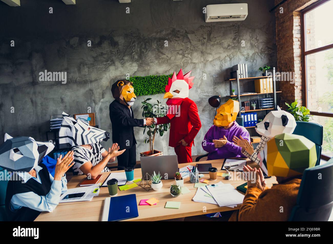 Portrait of panda gorilla sloth zebra raccoon mask business people ...