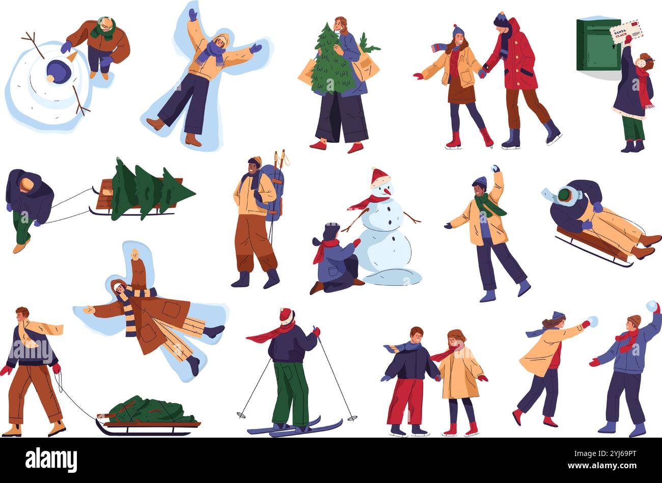 People recreation on winter holidays. Vector stickers or clip art set ...