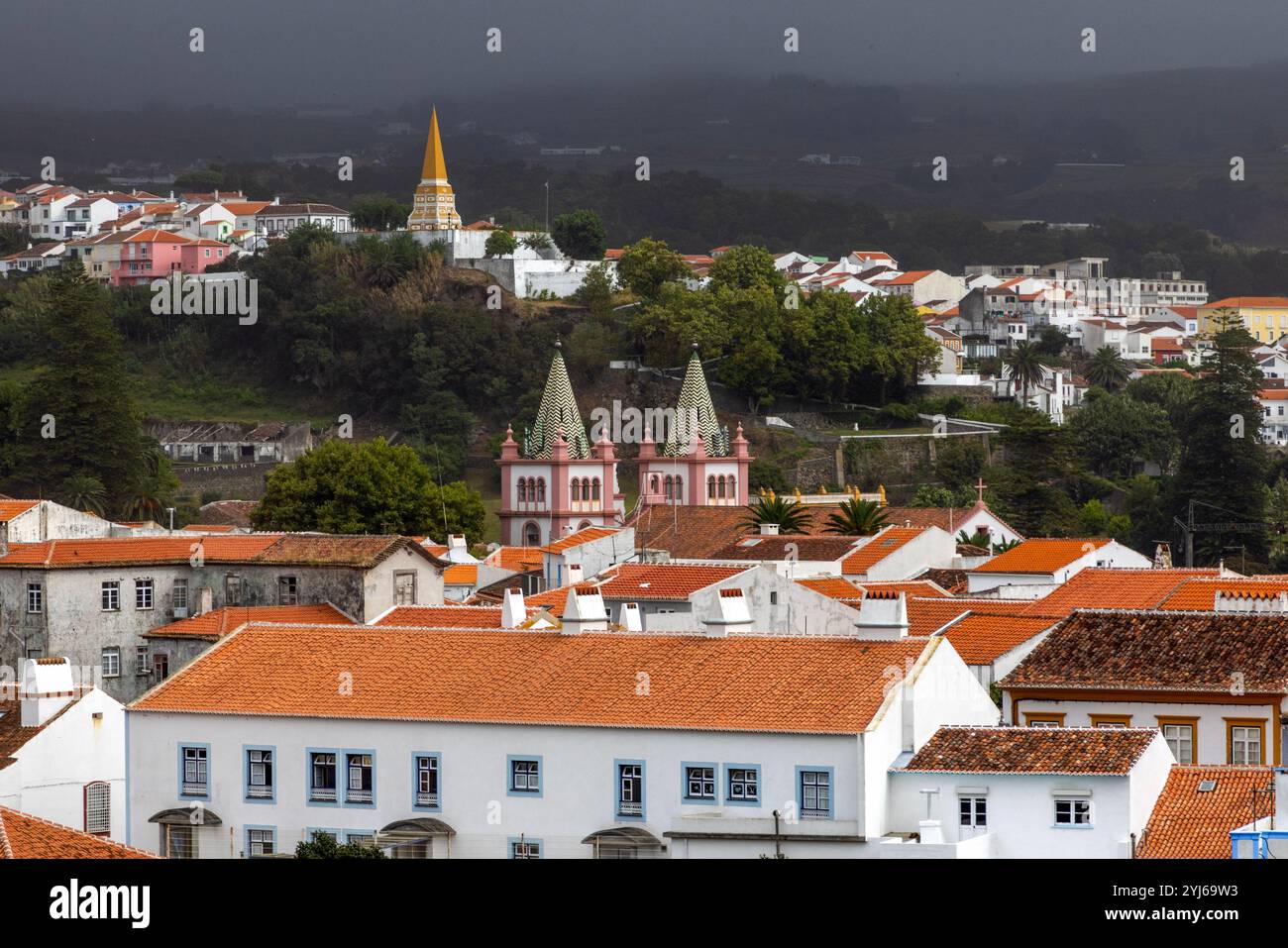 Panoramic view of Angra do Heroismo from Monte Brasil, Terceira Island ...