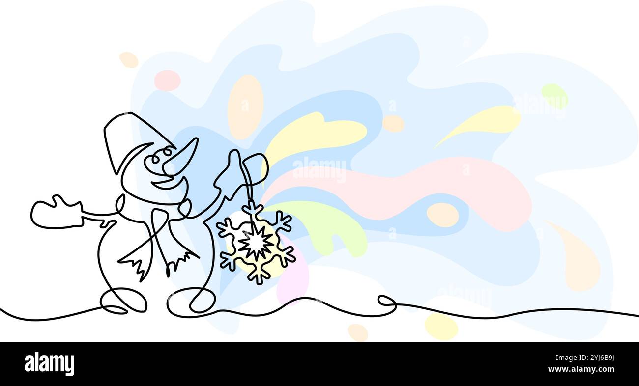 Snowman with snowflake. Christmas decoration. Continuous one line ...
