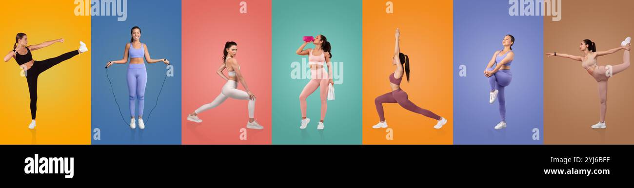 A series of fitness poses captures a woman engaged in various strength ...