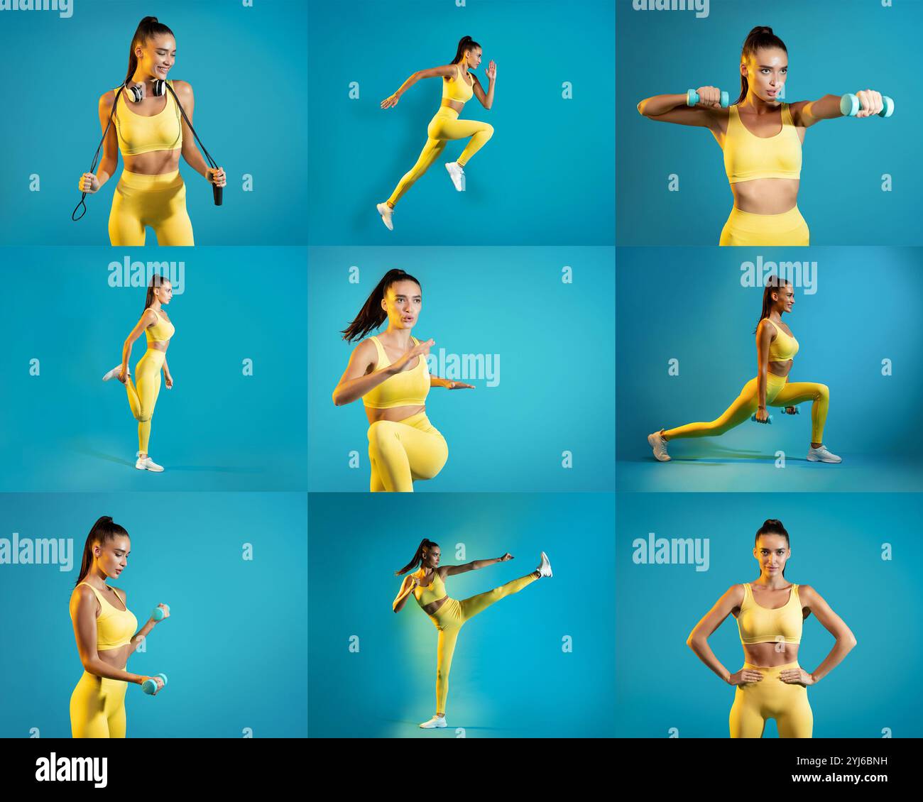 A woman wearing yellow activewear performs different exercises, including jumping rope, lunging ...
