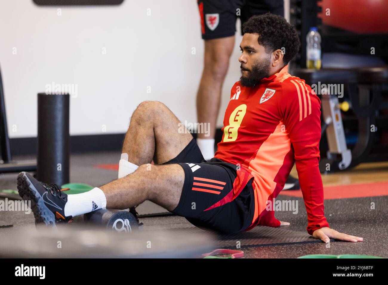 PONTYCLUN, UK. 13th Nov, 2024. Wales' Jay Dasilva during a training ...