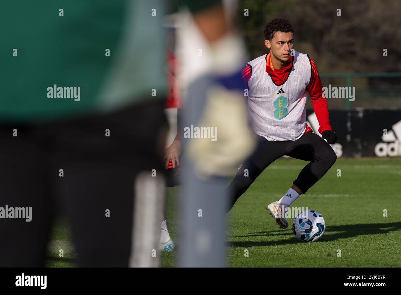 PONTYCLUN, UK. 13th Nov, 2024. Wales' Brennan Johnson during a training ...