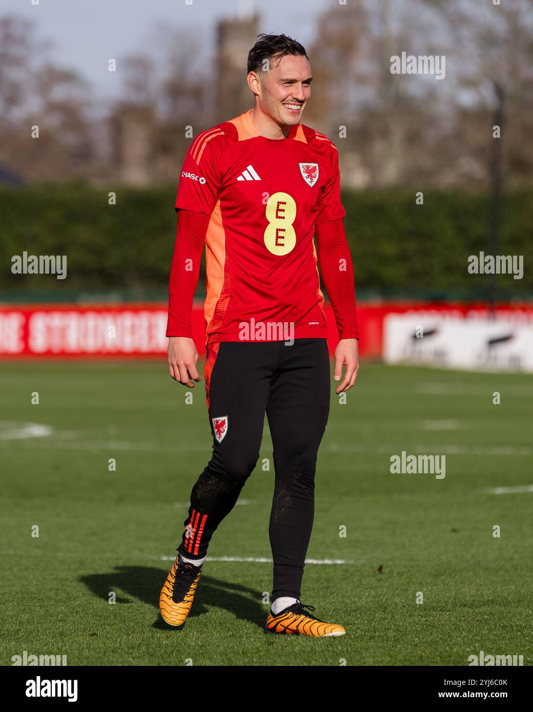 PONTYCLUN, UK. 13th Nov, 2024. Wales' Connor Roberts during a training ...