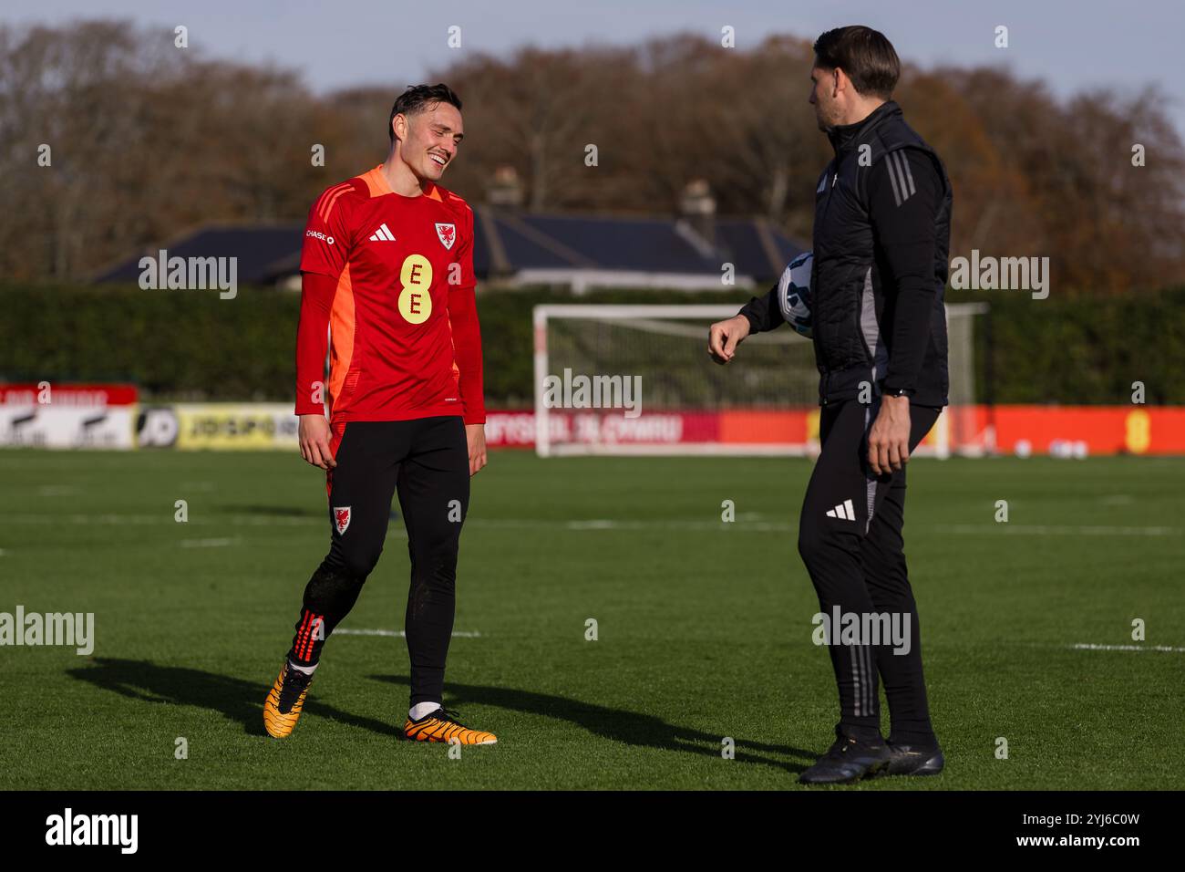 PONTYCLUN, UK. 13th Nov, 2024. Wales' Connor Roberts and Wales ...