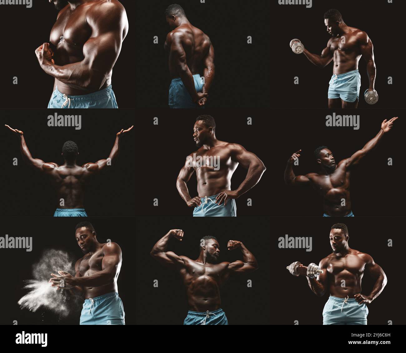 African American fitness model performs various strength exercises ...