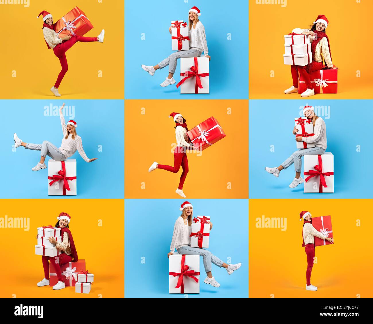 A group of cheerful women dressed in festive outfits pose with wrapped ...