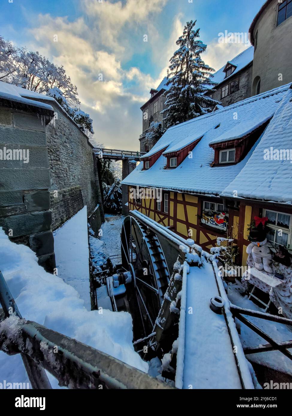 Morning view of one of Germany's oldest mills with Christmas scenery in ...