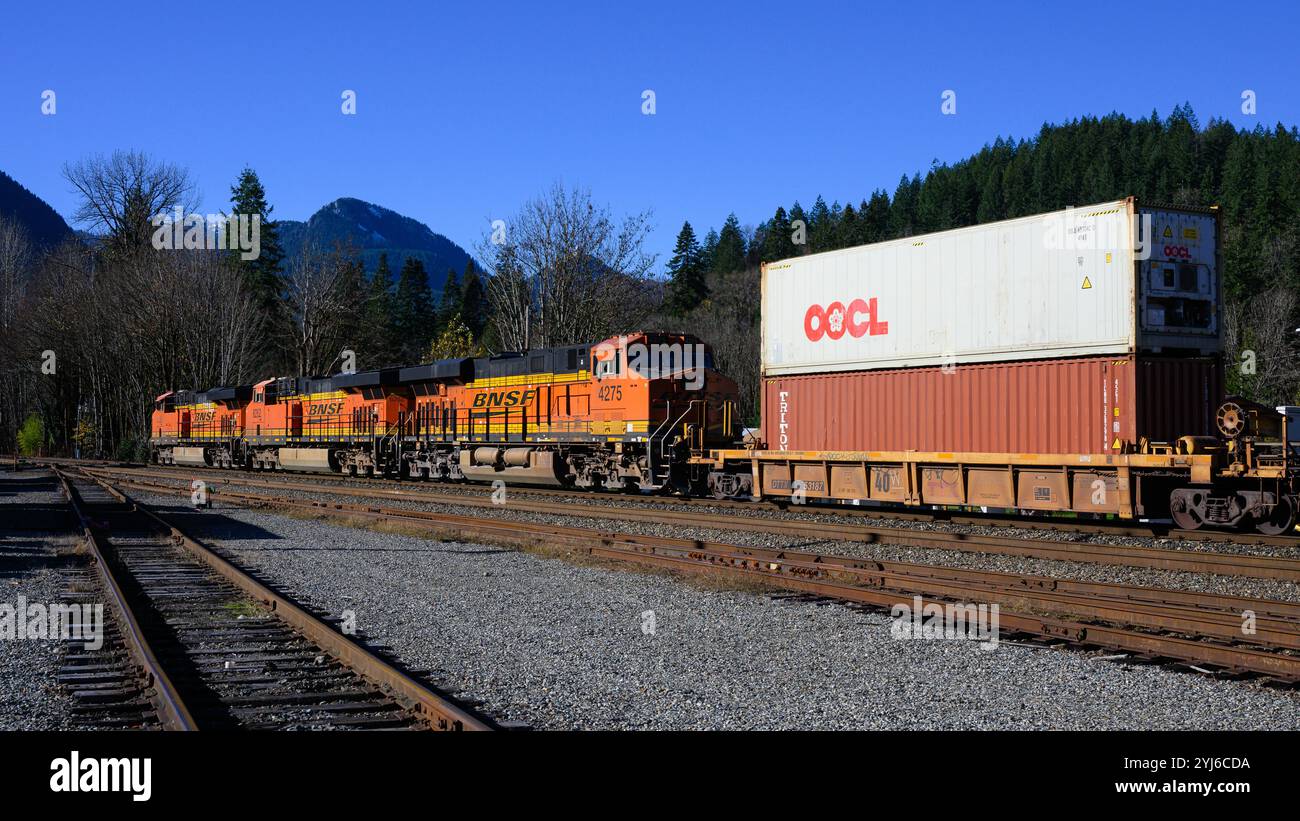 Skykomish, WA, USA - November 6, 2024; BNSF freight train with ...