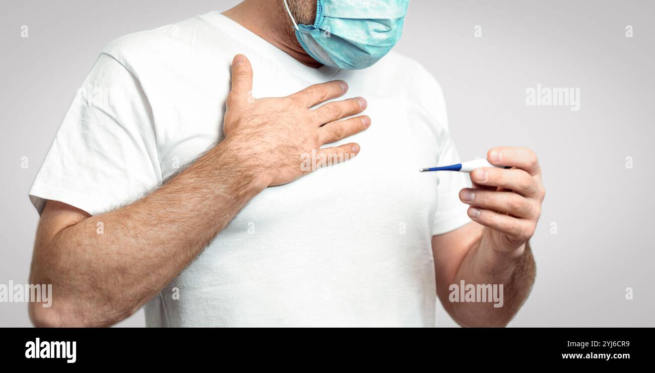 Scared Sick Man Having Fever And Coronavirus Symptoms Holding ...