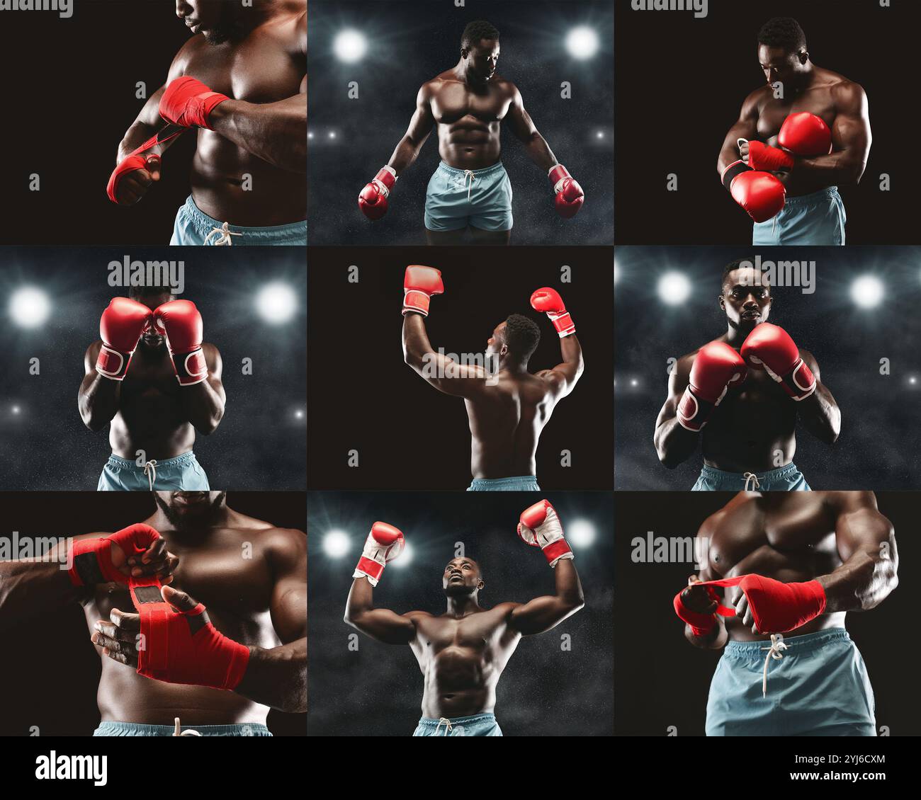 African American boxer practices different stances and movements while ...