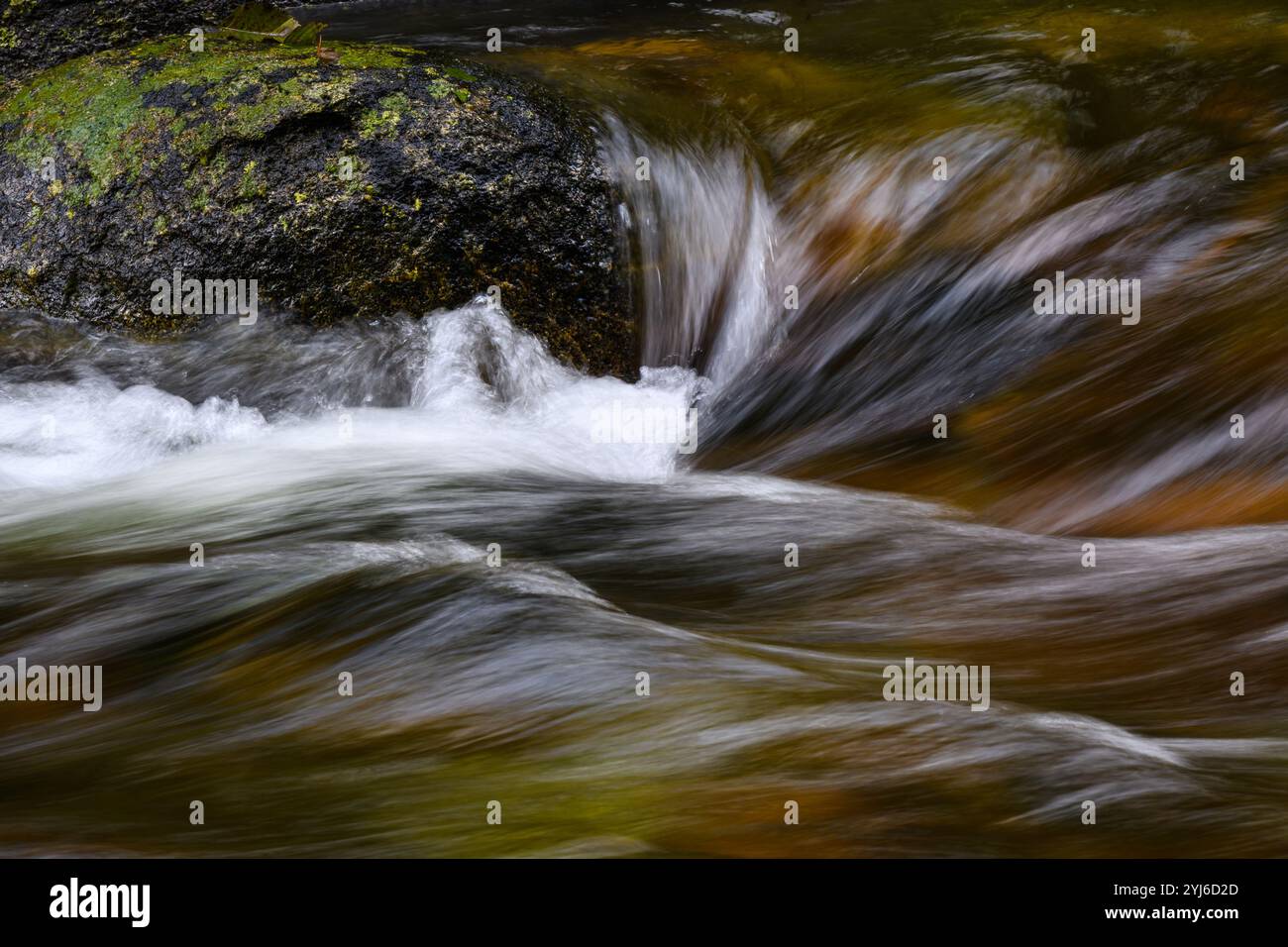 Warm tones in fresh mountain stream flow past river rock in rolling ...