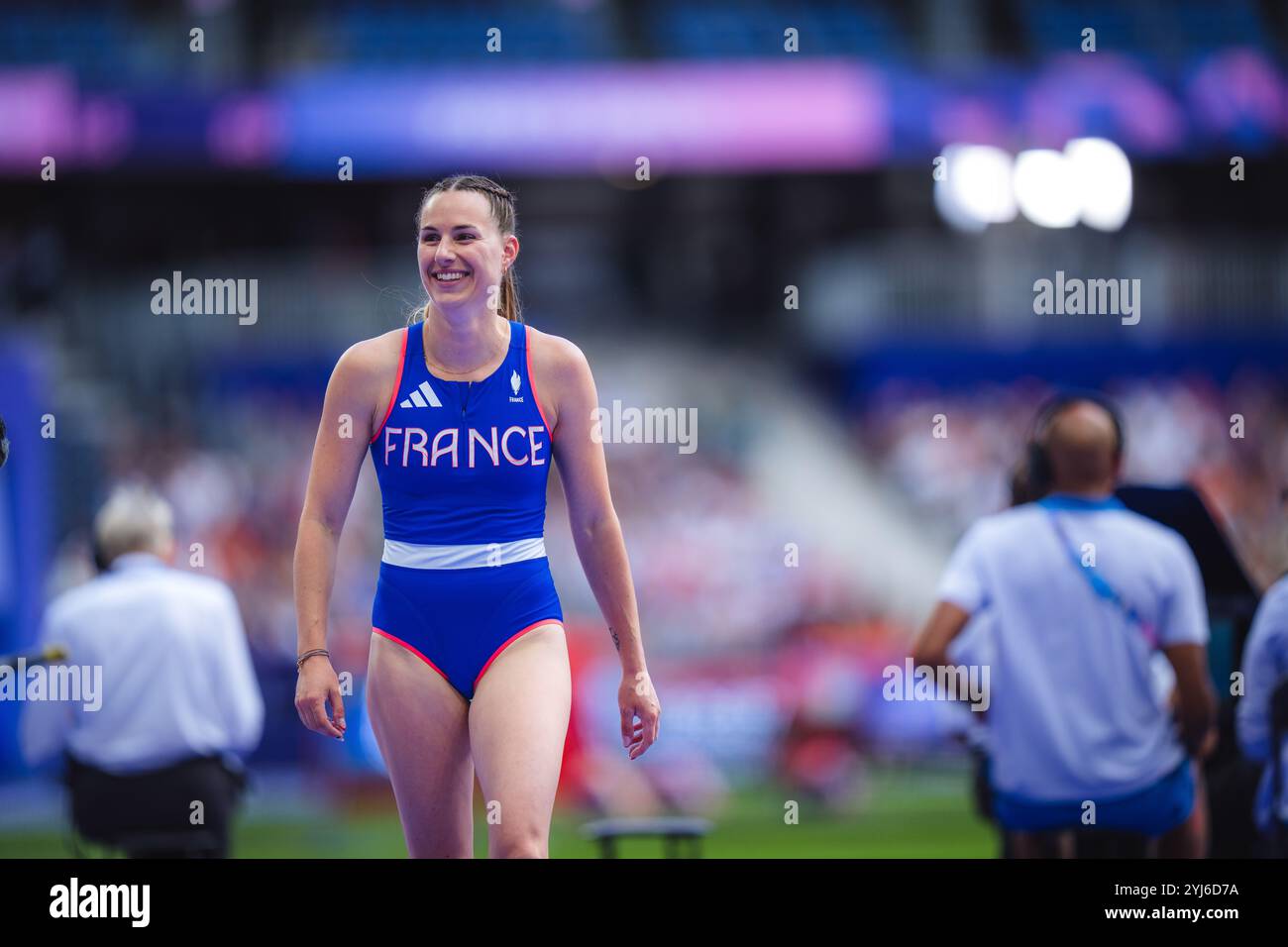 Ninon Chapelle participating in the pole vault at the Paris 2024 ...