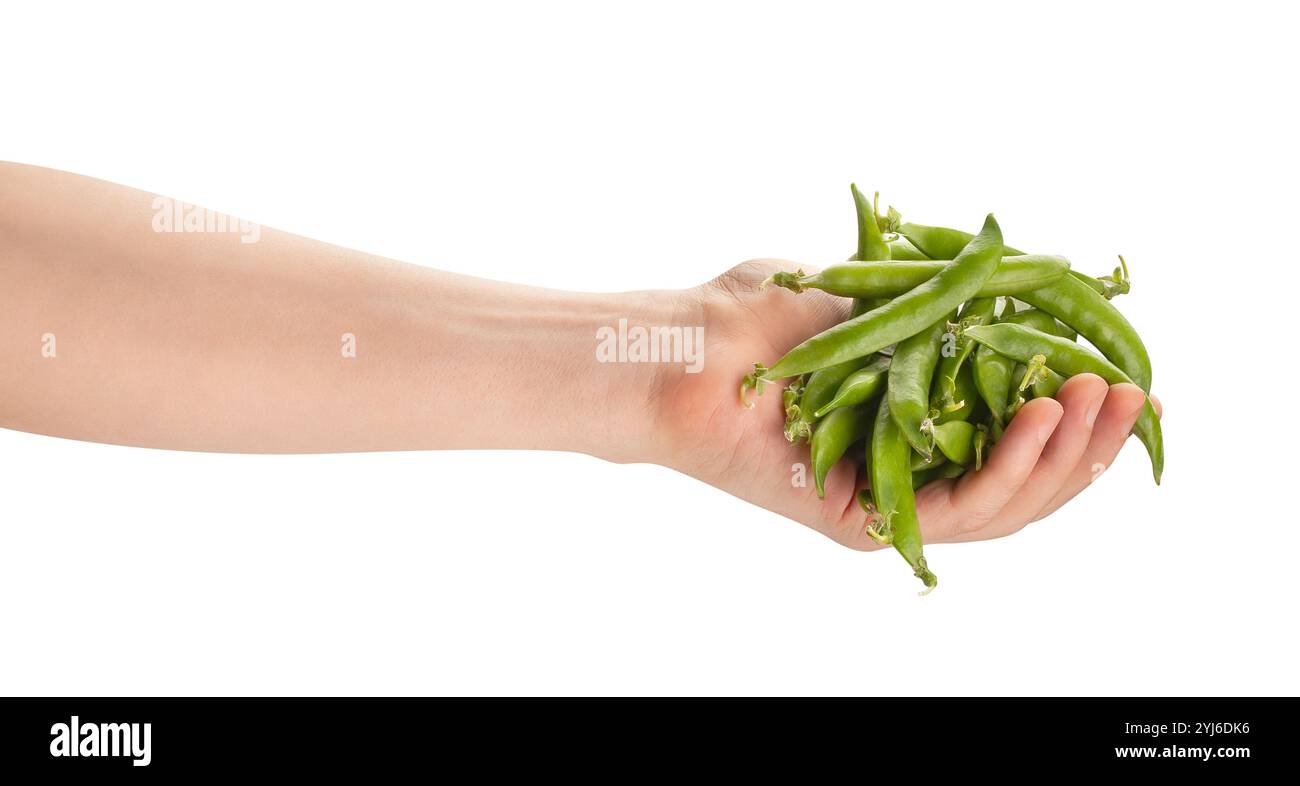 green peas in hand path isolated on white Stock Photo - Alamy