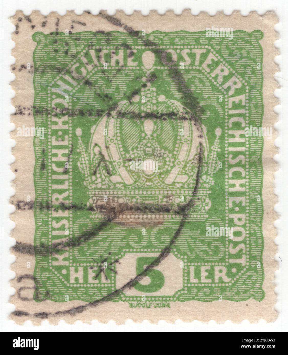 AUSTRIA - 1916 September 28: 5 heller green postage stamp depicting ...