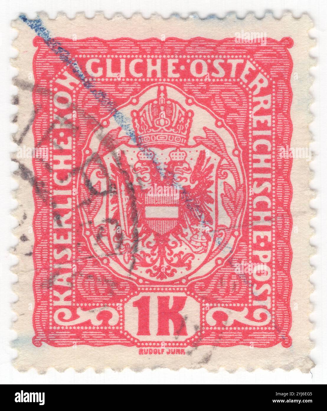 AUSTRIA - 1918 September 01: 1 krone carmine on yellow postage stamp ...