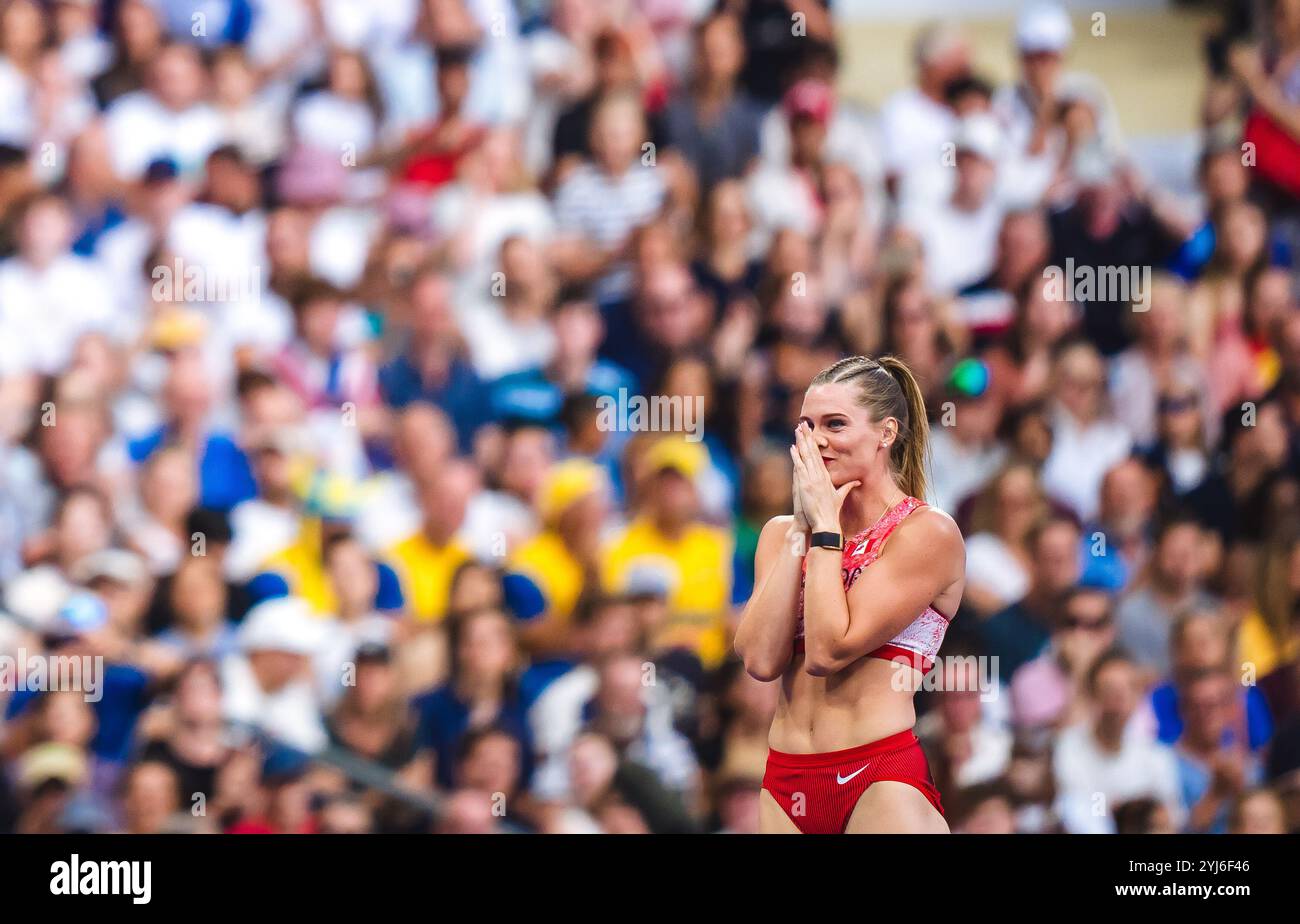 Alysha Newman participating in the pole vault at the Paris 2024 Olympic ...