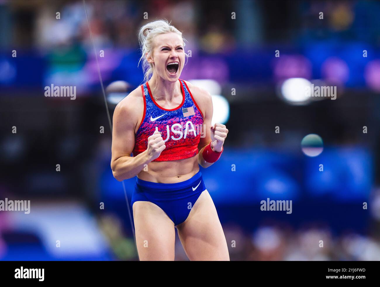 Katie Moon participating in the pole vault at the Paris 2024 Olympic ...