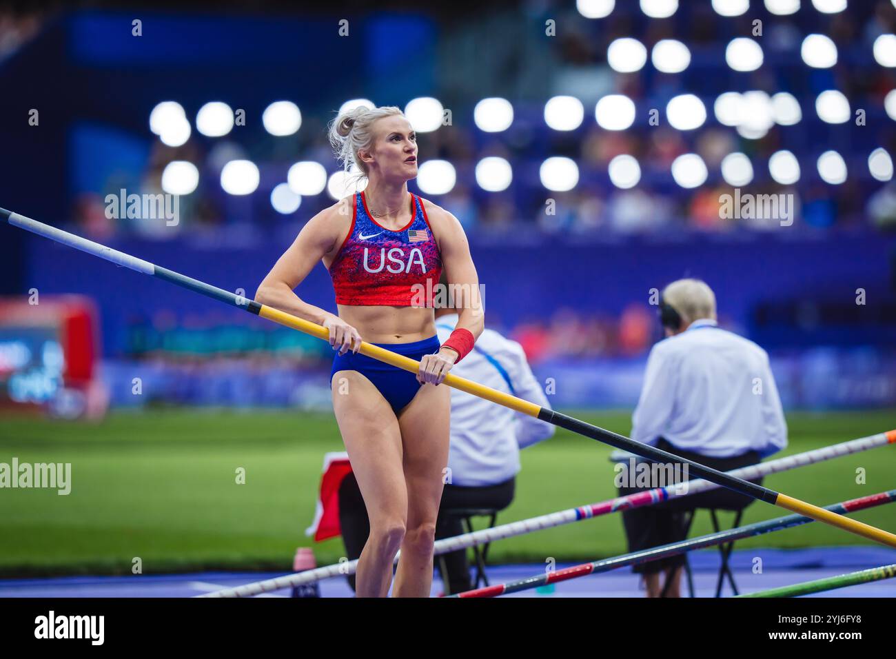 Katie Moon participating in the pole vault at the Paris 2024 Olympic ...