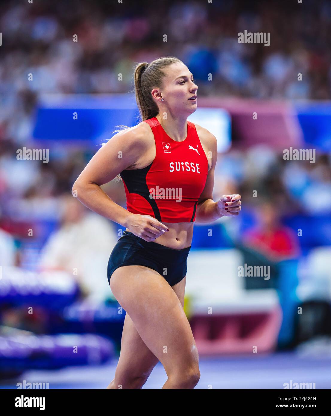 Angelica Moser participating in the pole vault at the Paris 2024 ...