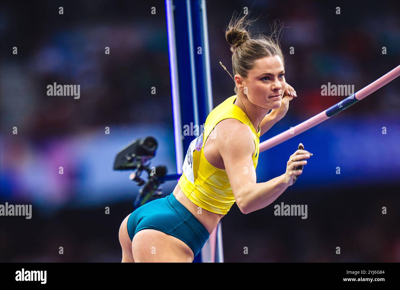 Nina Kennedy participating in the pole vault at the Paris 2024 Olympic ...