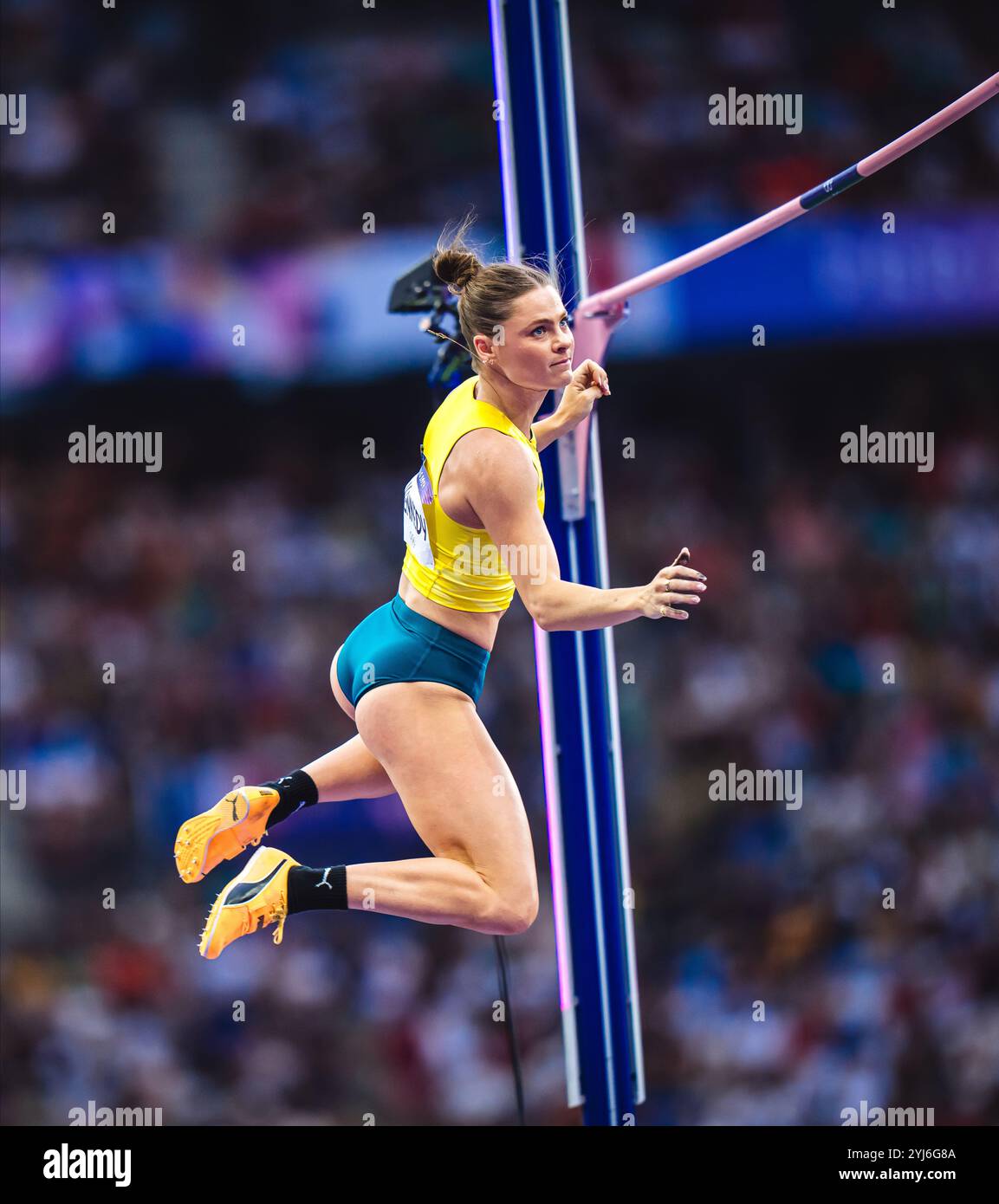 Nina Kennedy participating in the pole vault at the Paris 2024 Olympic ...