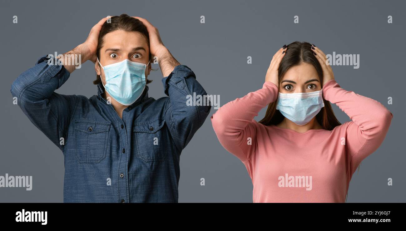 Virus Panic. Frightened Couple In Protective Masks Holding Heads In ...