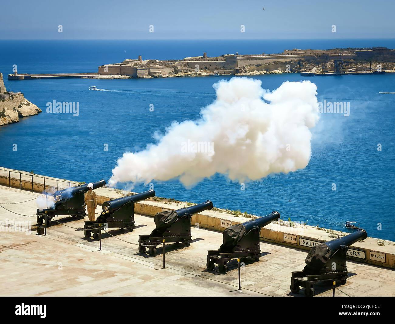 Saluting Battery cannons firing over the Grand Harbour in Valletta ...