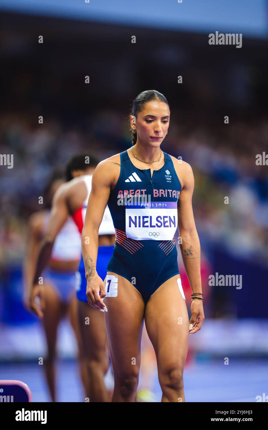 Laviai Nielsen participating in the 400 meters relay at the Paris 2024 ...
