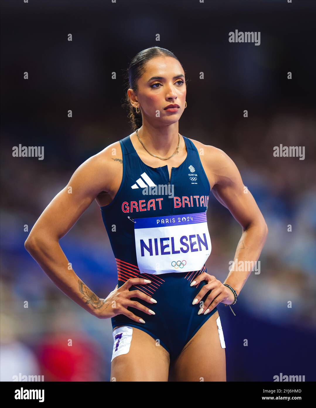 Laviai Nielsen participating in the 400 meters relay at the Paris 2024 ...