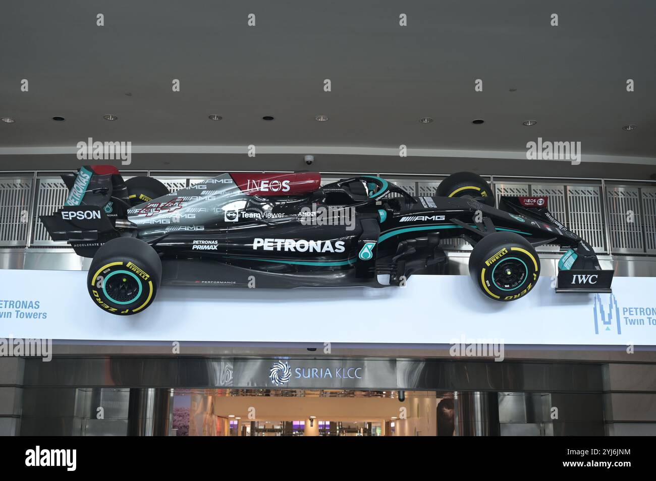 Mercedes team Lewis Hamilton Formula 1 car in Petronas Twin Towers hall ...