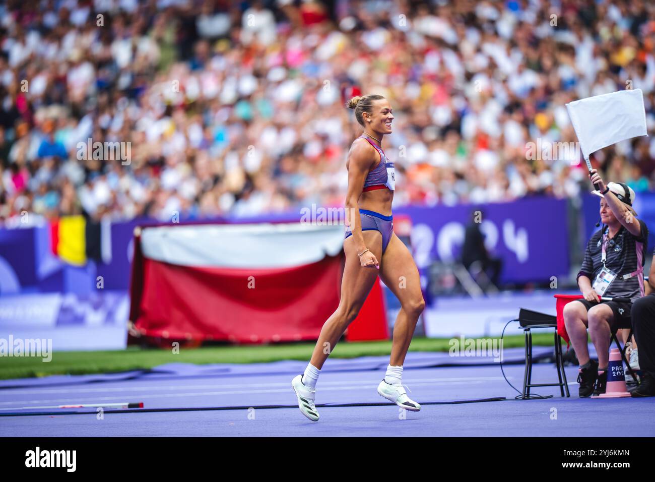 Anna Hall participating in the high jump at the Paris 2024 Olympic ...