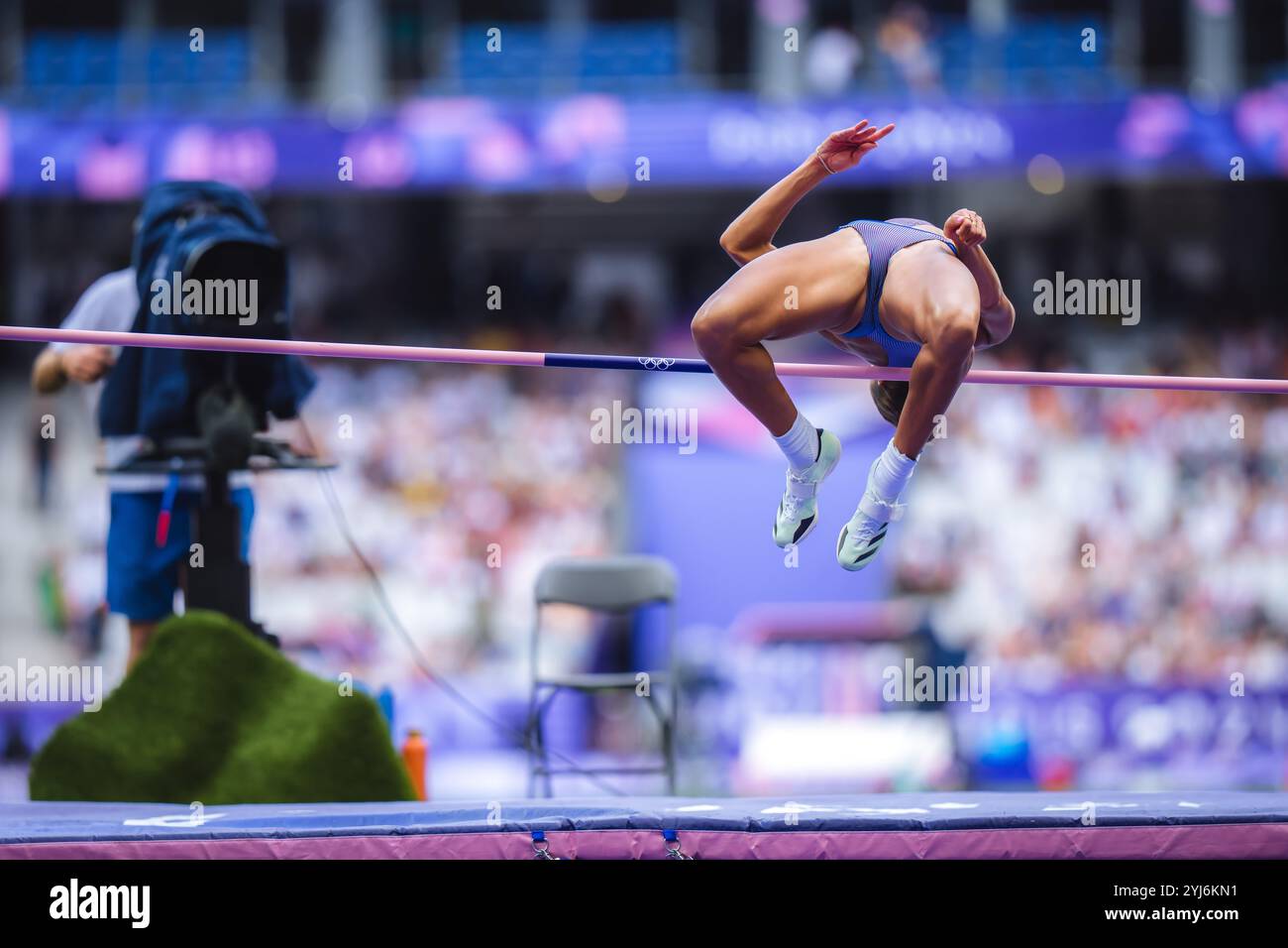 Anna Hall participating in the high jump at the Paris 2024 Olympic ...