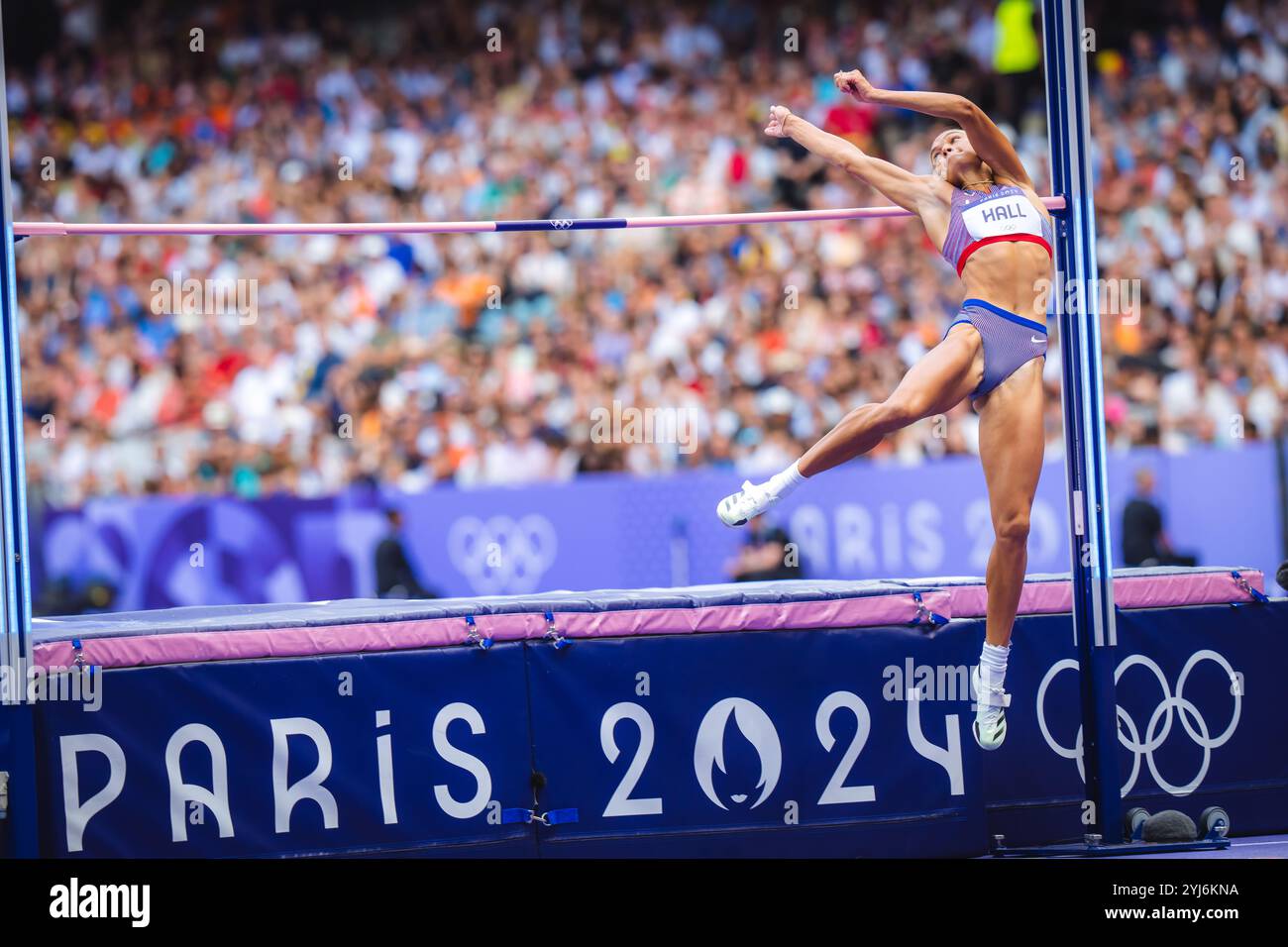 Anna Hall participating in the high jump at the Paris 2024 Olympic ...