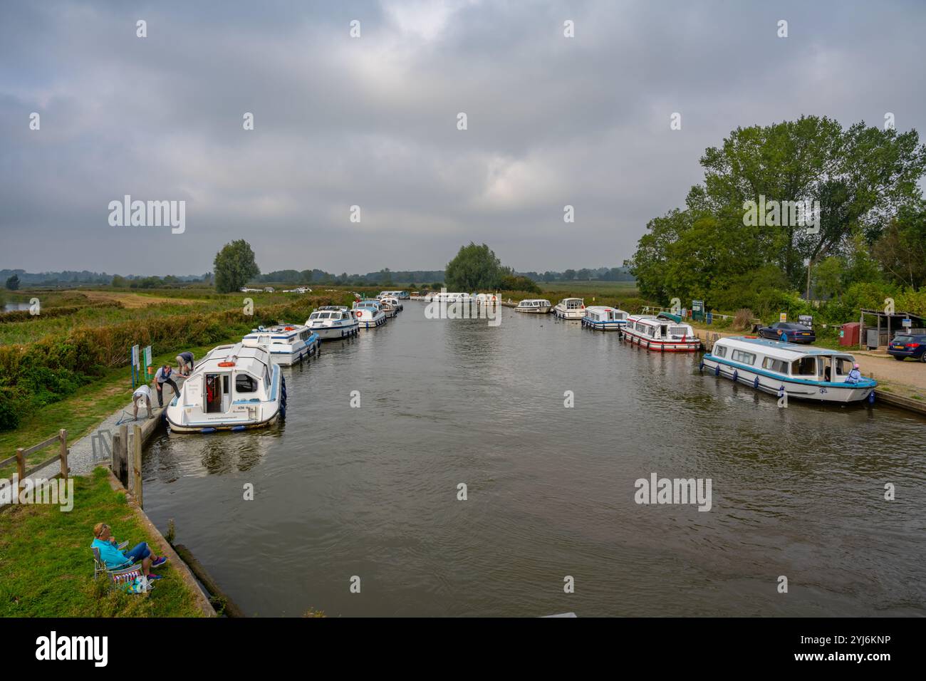 Pleasure boats on the river Ant at Ludham Bridge on the Norfolk Broads ...
