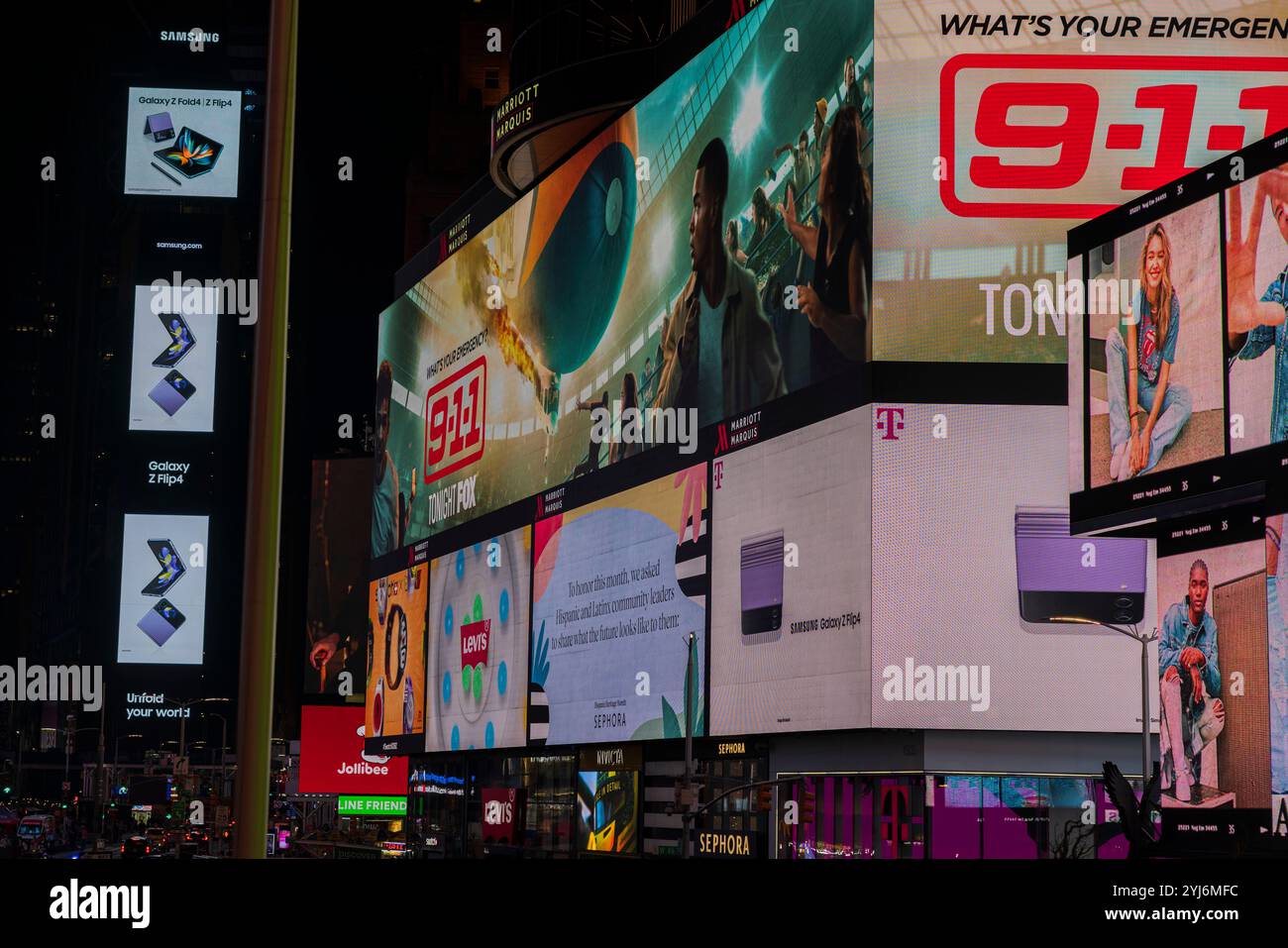 Illuminated billboards in Times Square featuring Samsung Galaxy ads, 9 ...