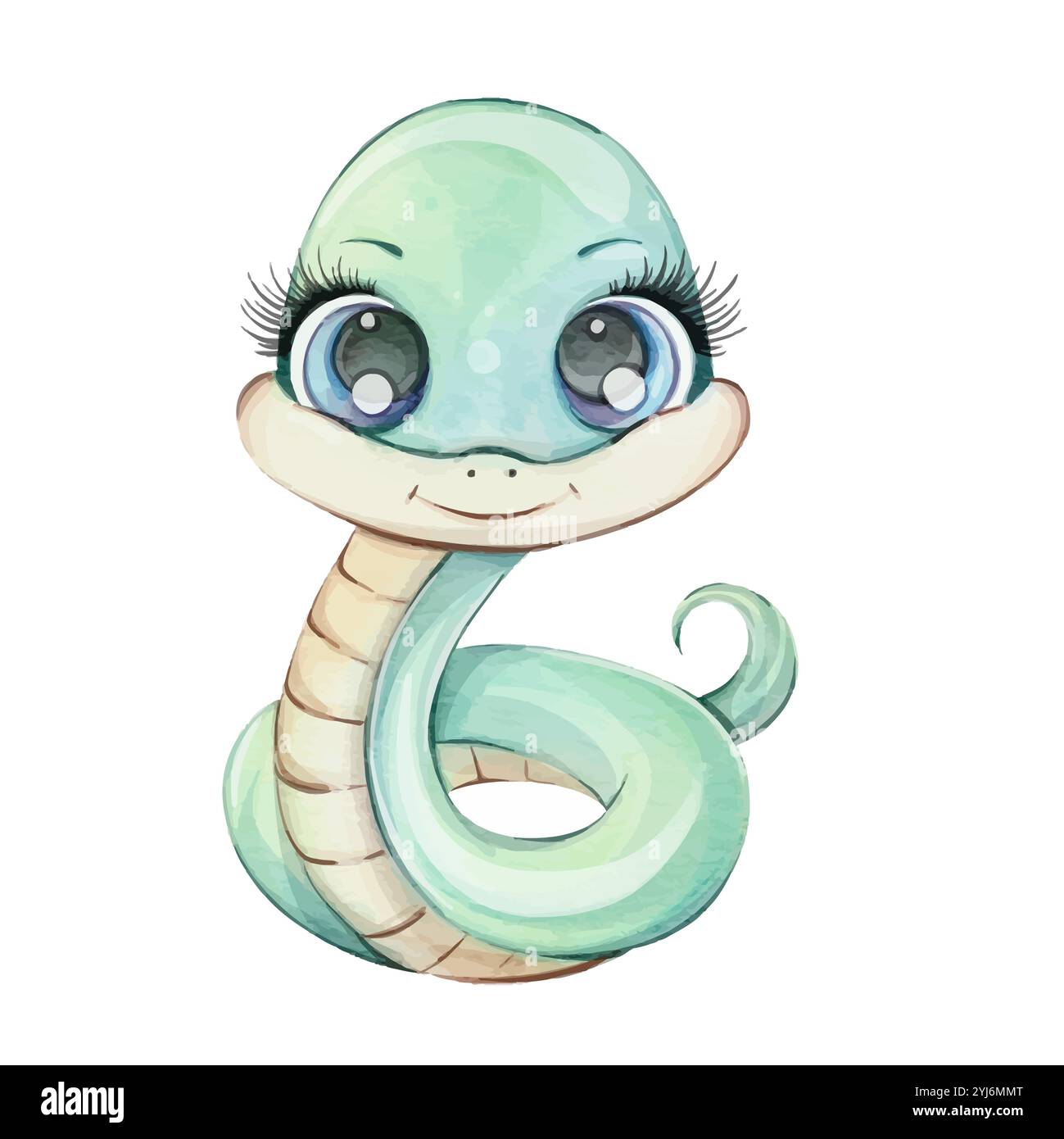 Green snake, watercolor baby in cartoon style, isolated. Cute ...