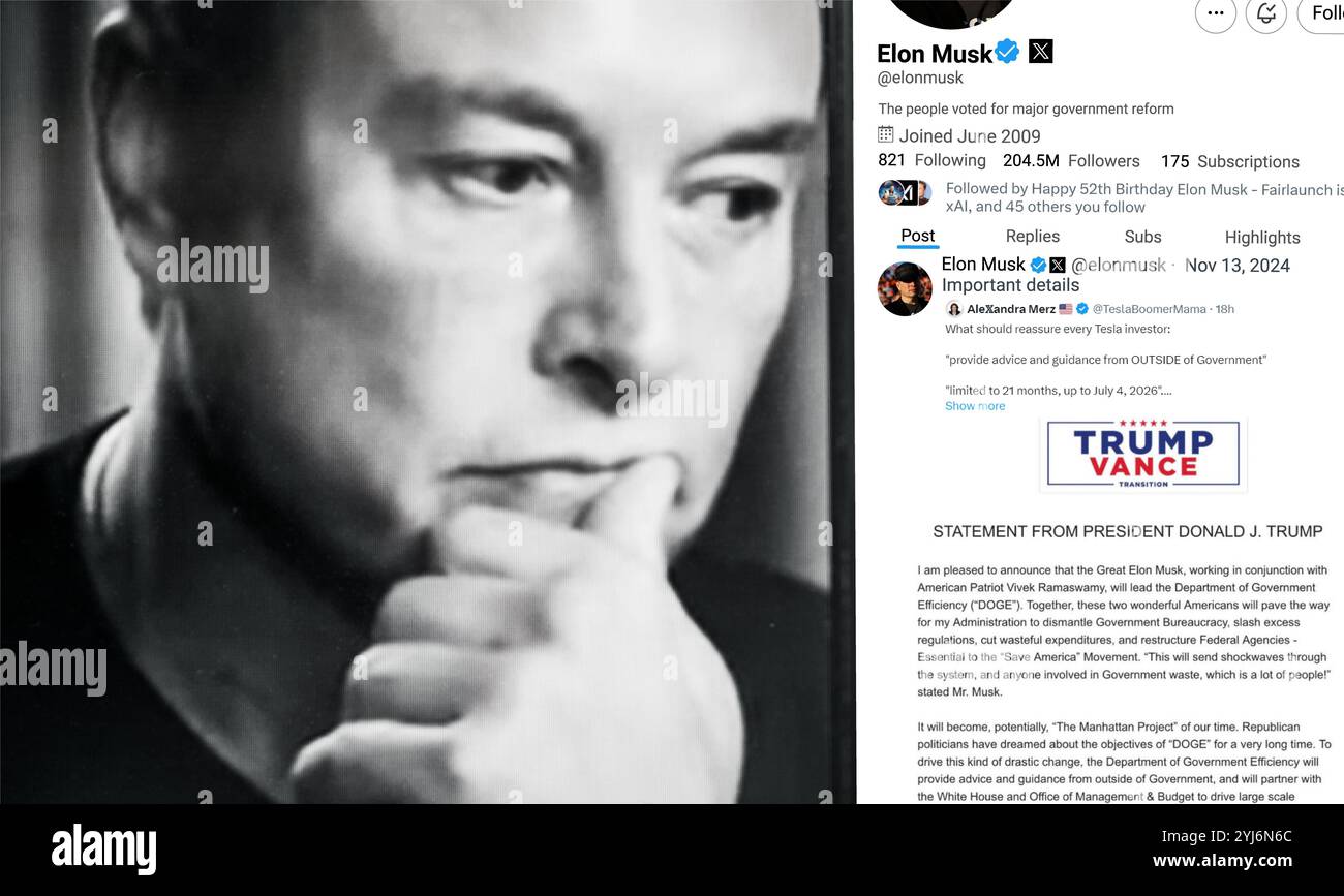 Ukraine. Poltava. November 13, 2024 . Elon Musk profile on Twitteron a ...